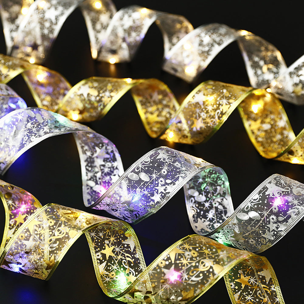 Christmas Tree LED Light Up Ribbon Bow Xmas Fairy String Lights Strip