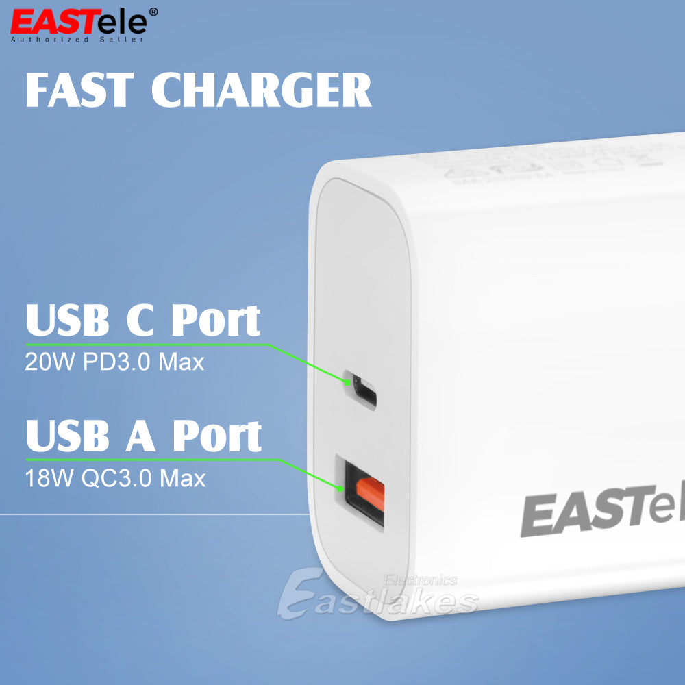 EASTele USB A+USB C Fast Charging AC Power Adapter QC PD