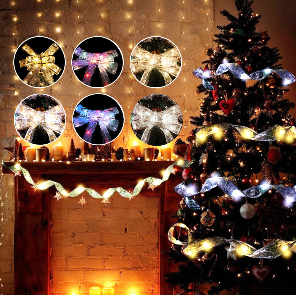 Christmas Tree LED Light Up Ribbon Bow Xmas Fairy String Lights Strip