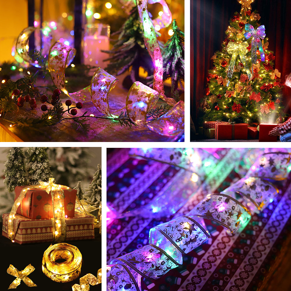 Christmas Tree LED Light Up Ribbon Bow Xmas Fairy String Lights Strip