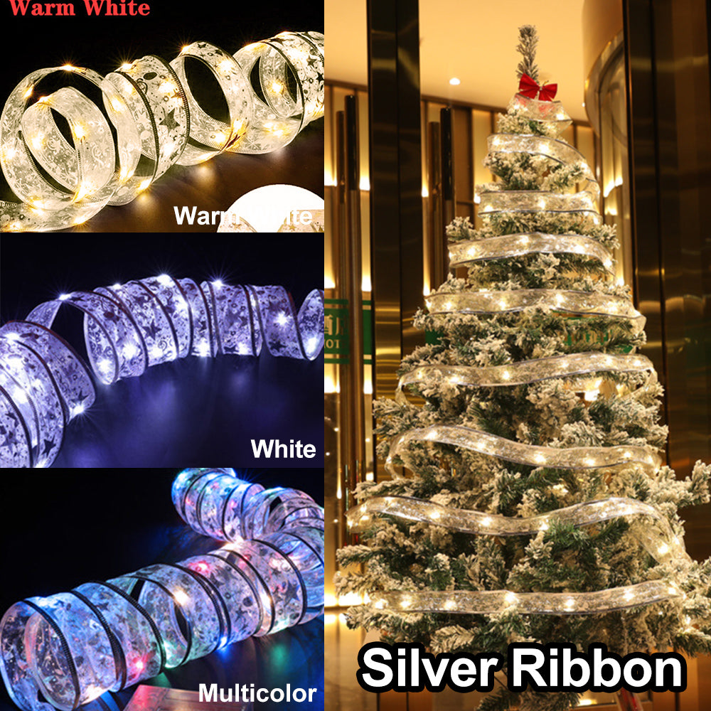 Christmas Tree LED Light Up Ribbon Bow Xmas Fairy String Lights Strip