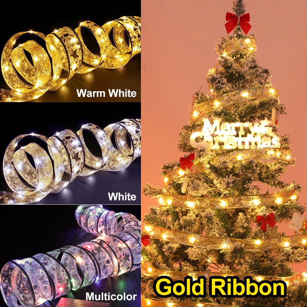 Christmas Tree LED Light Up Ribbon Bow Xmas Fairy String Lights Strip
