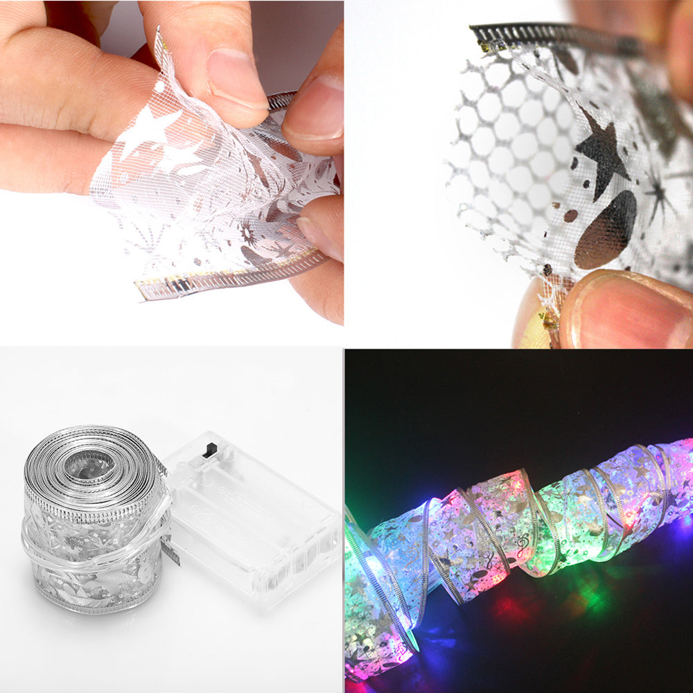 Christmas Tree LED Light Up Ribbon Bow Xmas Fairy String Lights Strip
