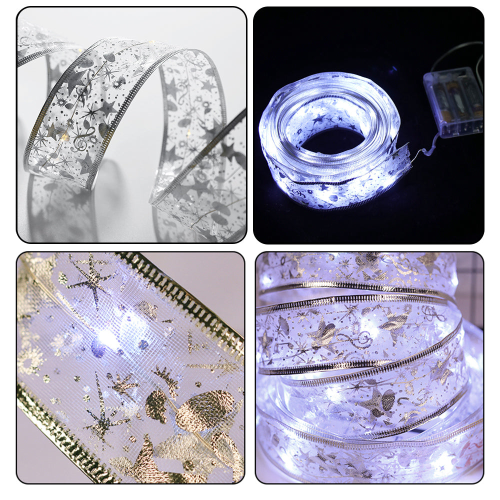 Christmas Tree LED Light Up Ribbon Bow Xmas Fairy String Lights Strip