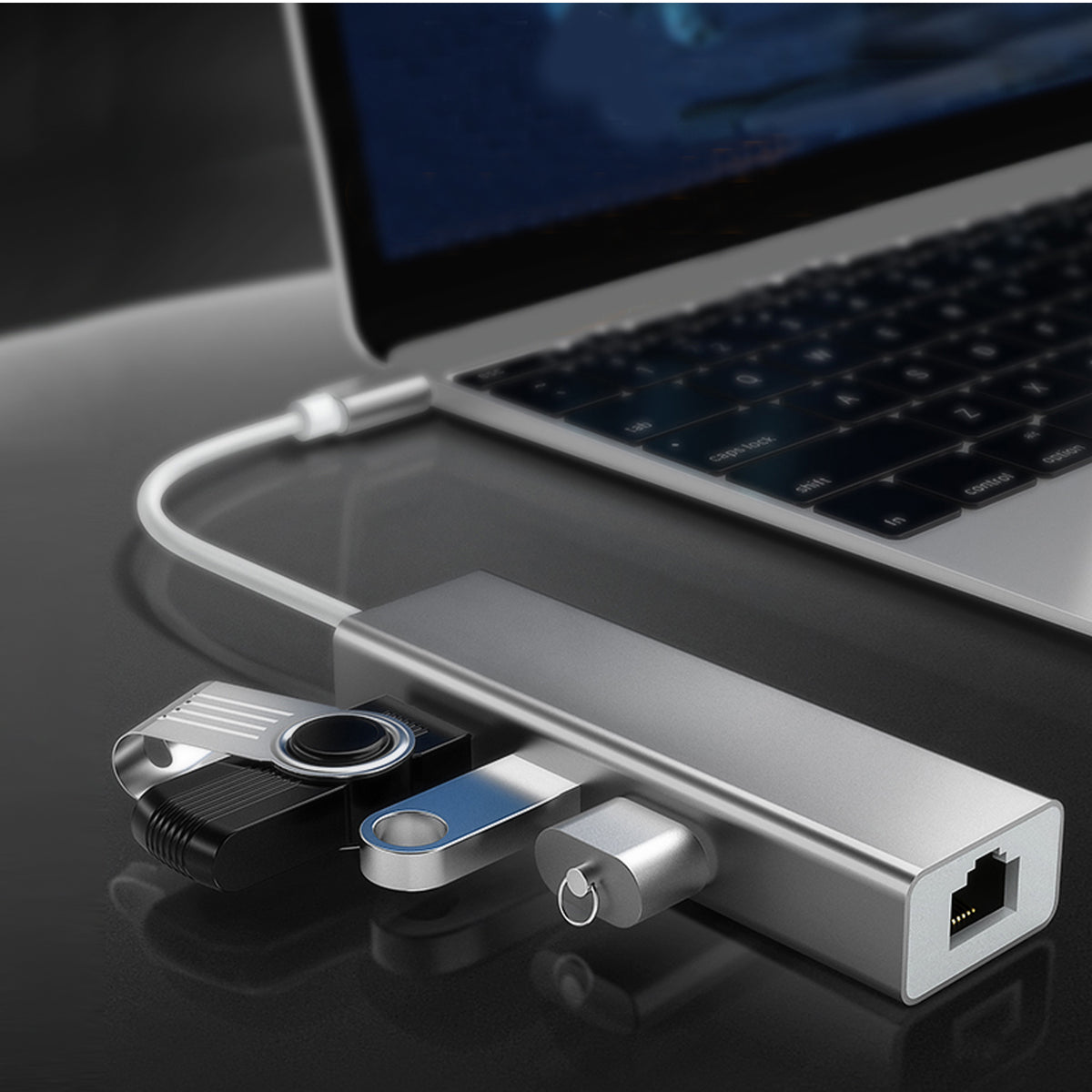 4-in-1 Type-C USB Hub with RJ45 Ethernet Extension Adapter